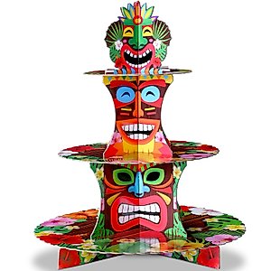 3 Tier Hawaiian Cupcake Stand Tiki Torch Cupcake Holder Luau Theme Cake Holder Decorations Tropical Cupcake Dessert Holder for Pool Beach Summer Graduation Birthday Party Supplies