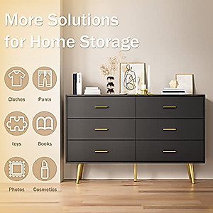 RESOM Black 6 Drawer Dresser for Bedroom, Wooden Black Double Dresser with Gold Handles, Modern Chest Dresser with Deep Drawers for Living Room, Hallway