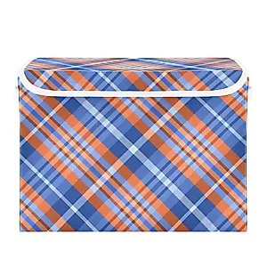 Kigai Orange Blue Plaid Storage Basket with Lid Collapsible Storage Bin Fabric Box Closet Organizer for Home Bedroom Office 1 Pack