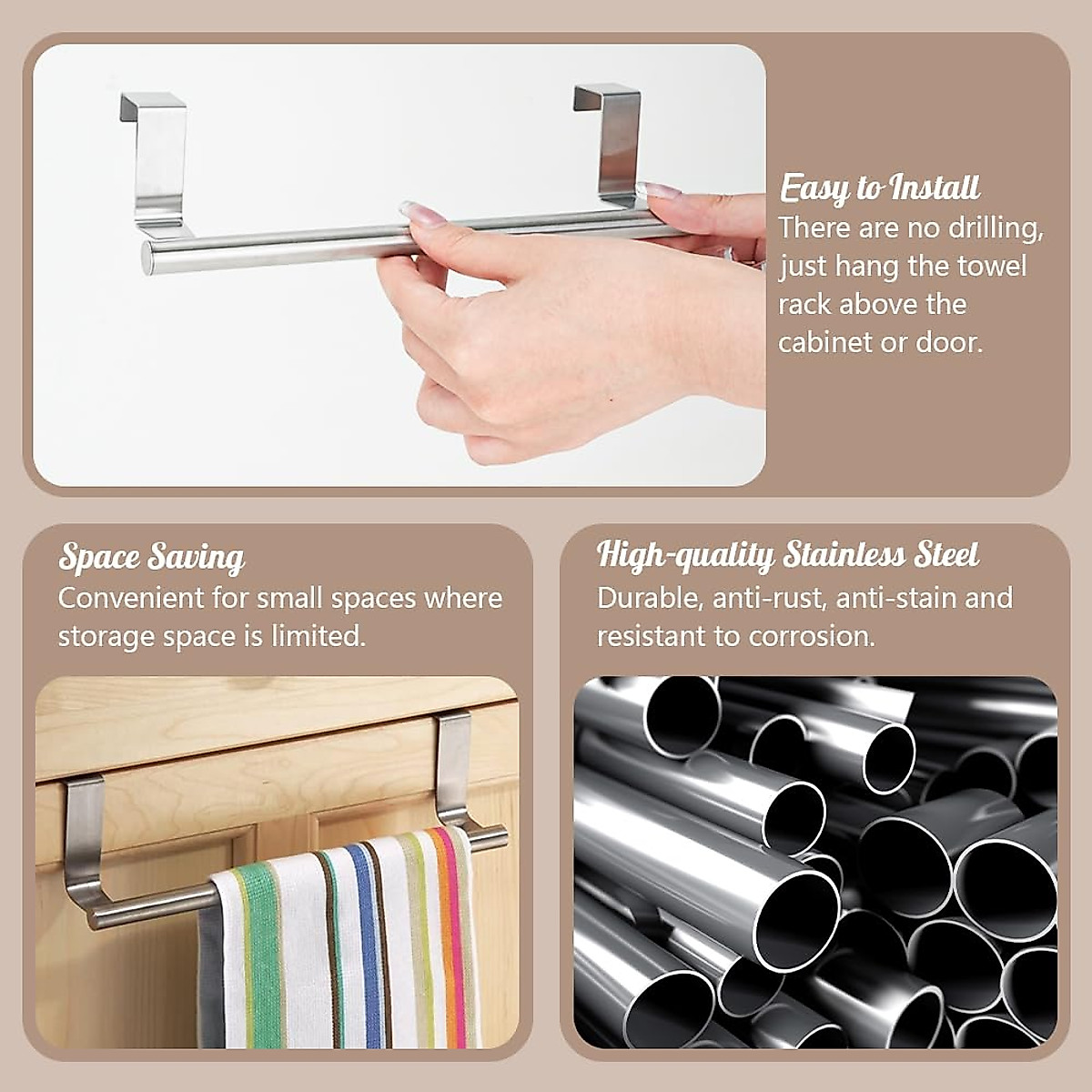 IBEQUEM 4Pcs Towel Rack for Cabinet, Stainless Steel Over Cabinet Towel Rack, Adjustable Kitchen Towel Holder, Towel Bar Holder for Universal Fit on Kitchen Bathroom Over Cabinet Cupboard (Silver)