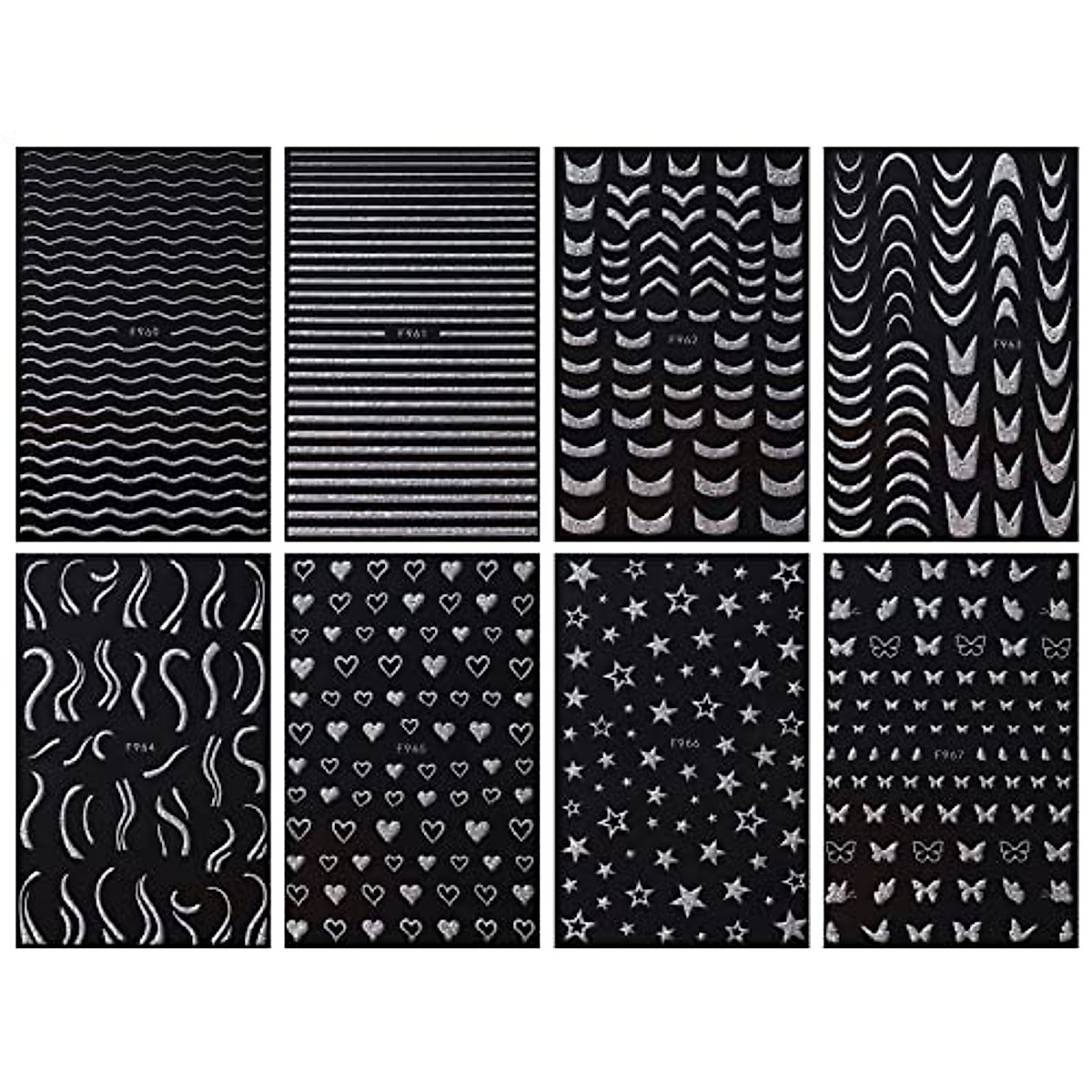 JMEOWIO 8 Sheets French Tip Nail Art Stickers Decals Self-Adhesive Pegatinas Uñas Silver Line Nail Supplies Nail Art Design Decoration Accessories