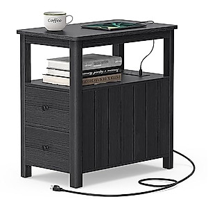 VASAGLE Side Table with Charging Station, Narrow Nightstand with 2 Drawers, Living Room End Table with Storage, for Small Spaces, Coastal Style, Charcoal Gray ULET322B22