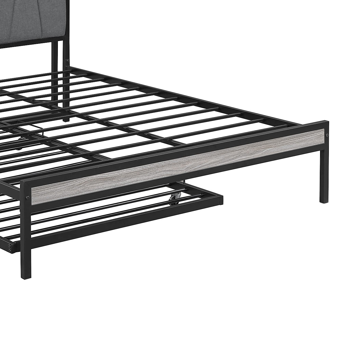 Anwick Metal Platform Bed Frame with Twin Size Trundle, Upholstered headboard, Sockets, USB Ports and Slat Support, No Box Spring Needed