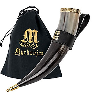 Mythrojan THE WEALTHY MERCHANT - Viking Drinking Horn with Black Leather holder Authentic Medieval Inspired Viking Wine/Mead Mug – Polished Finish