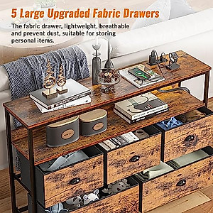 Furologee Console Sofa Table with Power Outlet, Long 45" Dresser TV Stand with 5 Drawers, Entryway Table with Shelves, Entertainment Center for 55'' TV, Bedroom, Living Room, Hallway, Rustic Brown