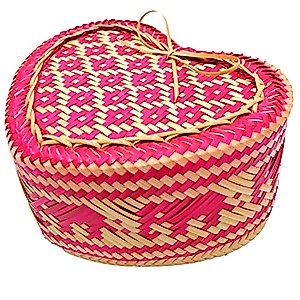 FOREVER 1 – Bamboo Sticky Rice Serving Basket 6.2 x 5.2 Inch, Kratip, Intricately Woven Container, Heart-Shaped, Elephant Weave Pattern, Bright Pink, Thailand Handmade, Dyed with Natural Based
