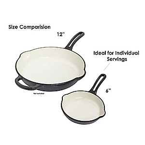 Mirro MIR-19056 6" Mini Cast Iron White Enamel Coated Interior Skillet, Grey, Ready to Use