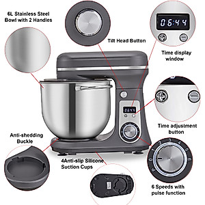 Biolomix Kitchen Electric Stand Mixer, 6-Speed Tilt-Head Food Mixer with 6.5-QT Stainless Steel Bowl, Dough Hook, Flat Beater, Whisk and Anti-Splash Cover, Red (6.5-QT, Gray)