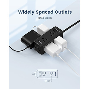 Power Strip Surge Protector with USB, SUPERDANNY Mini Flat Plug Extension Cord with 6 Widely Space Outlets & 3 USB Ports 5 Ft, Wall Mount, Compact & Small Charging Station for Office/Travel, Black