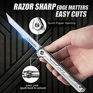 Carimee Slim Pocket Folding Knife with 3.8” Blade, Stainless Steel Handle, EDC Gentlemen knife for Outdoor, 2024 Gifts for Men and Women, Silver