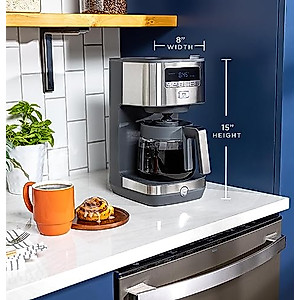 GE Drip Coffee Maker With Timer | 12-Cup Glass Carafe Coffee Pot With Adjustable Keep Warm Plate | Wide Shower Head for Maximum Flavor | Kitchen Essentials | Stainless Steel