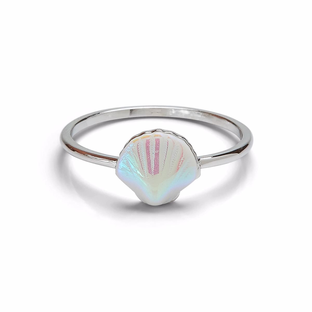 Pura Vida Silver-Plated Iridescent Shell Stackable Ring - Brass Base, Rhodium Plating - Size 7