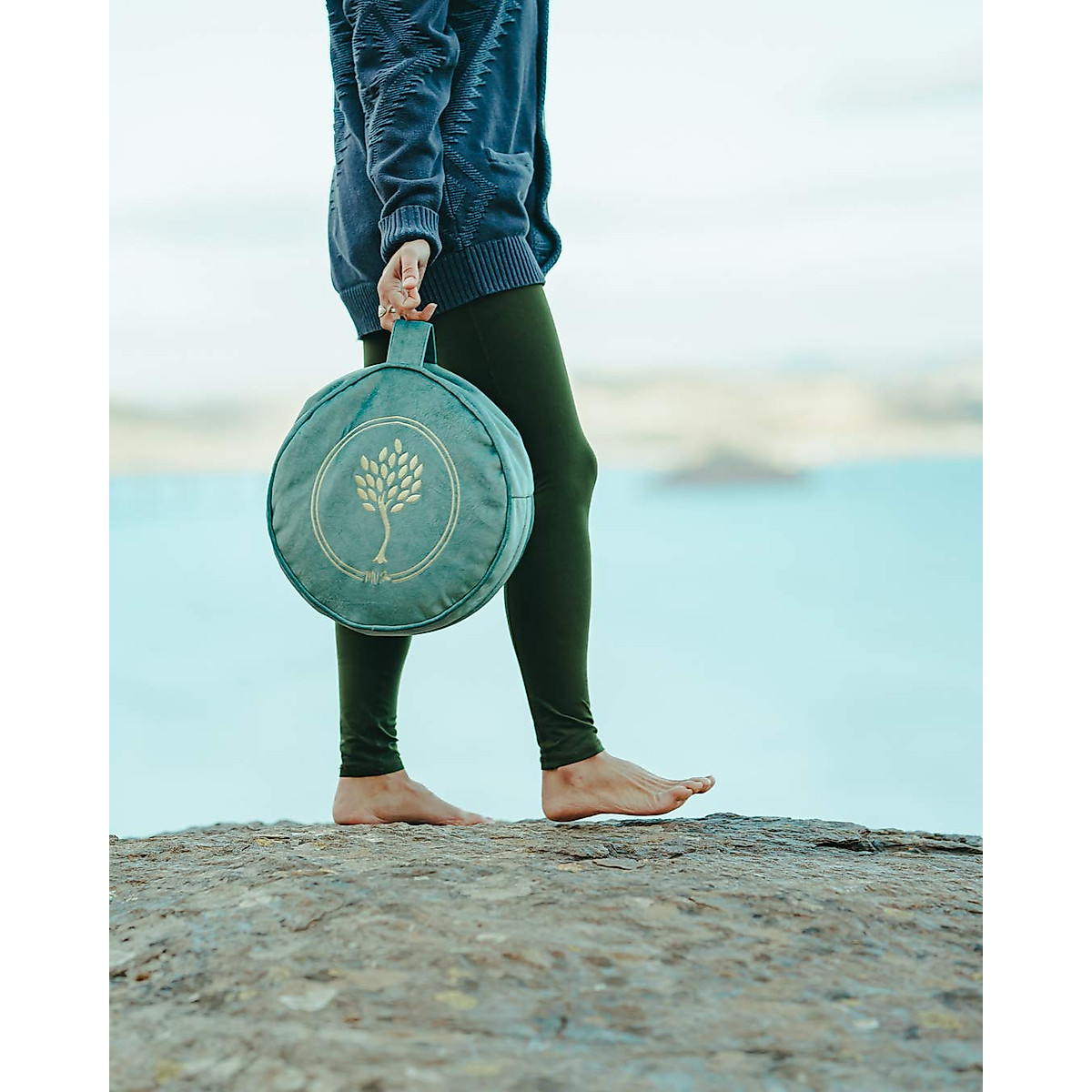 MV Joie Zafu Yoga Meditation Cushion Filled with Buckwheat Hulls & Charcoal Packs | Yoga Pillow in Soft Velvet/Suede; Embroidery Design, Free Lavender Pouch & Anti-dust Cotton Bag