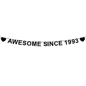 Awesome Since 1993 Banner Happy 29th Birthday Decorations Black Glittery Heart Theme Decor for Men Women 29 Twenty Nine Years Old Birthday Party Supplies Backdrop Pre-strung