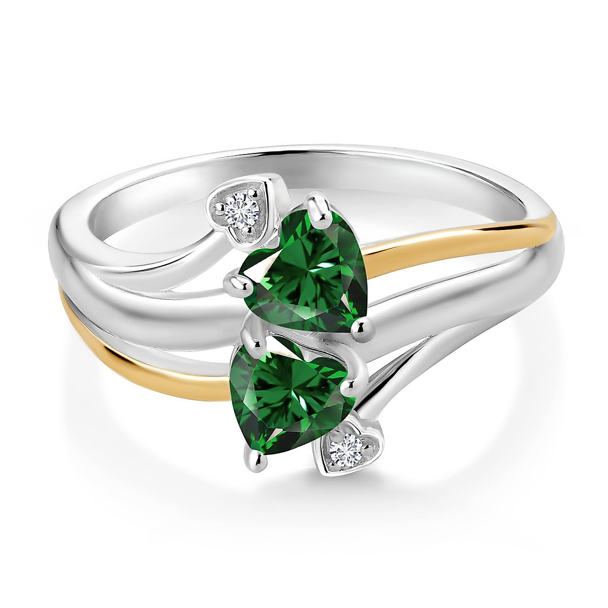 Gem Stone King 925 Silver and 10K Yellow Gold Green Nano Emerald and White Lab Grown Diamond 2 Heart Promise Couple Engagement Mother Ring For Women (1.02 Cttw, Available In Size 5, 6, 7, 8, 9)