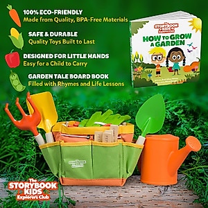 Matching Board Book - Green Kids Gardening Tools Set Includes Sturdy Tote Bag, Watering Can, Shovel, Rake, and Trowel - Garden Storybook - Kids Garden Tools- Easter Gifts for Toddler Age on up.