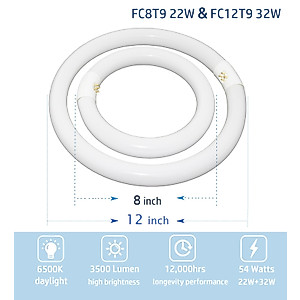 Circular Light Bulbs Set FC12T9-DL and FC8T9-DL Daylight Fluorescent Lamp,Circline 6500K 12inch T9 32Watts and 8inch 22Watts Replacement for Ceiling Light,12,000hrs Long Lifespans