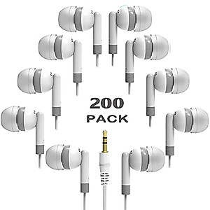 Hongzan 200 Pack Bulk Earbuds Classroom for School Kids Children Class Set Headphones for Students Wholesale Disposable Earphones (White)
