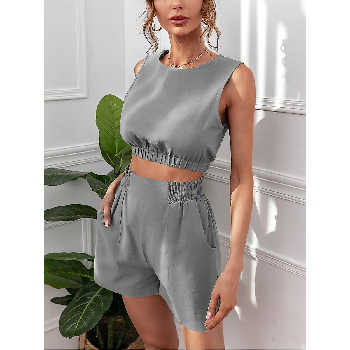 TAKEYAL Women's 2 Piece Outfits Round Neck Sleeveless Crop Tank Top and High Waist Pocketed Shorts Loose Summer 2pcs Short Sets (Grey, XL)