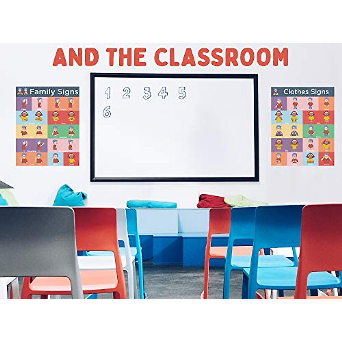 Sign Language Posters for Classroom - 3 Pack Includes: Family, Clothes, and Animal Sign Language Charts for Kids. ASL Posters for Classrooms are Each 16x20 inches, Dry Erase, and Made in the USA.