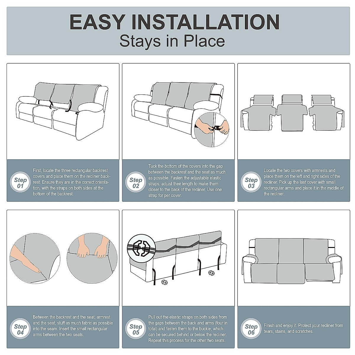 Genina Waterproof Couch Cover for Reclining Couch 3 Seat Recliner Sofa Covers, Non-Slip Recliner Couch Cover Furniture Protector with Elastic Straps for Pets, Dogs (Dark Gray, Recliner Sofa)