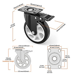 5 Inch Caster Wheels, Heavy Duty 5” Casters Set of 4 with Brake, TONSUM No Noise Polyurethane (PU) Wheels and Safety Dual Locking casters, Swivel Plate Castors (Two Hardware Kits for Free) (5inch)