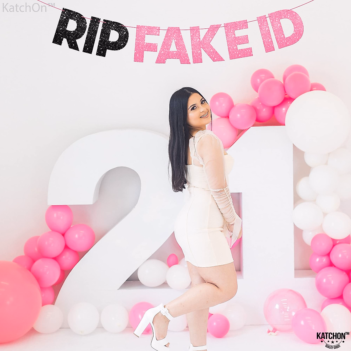 KatchOn, Black and Pink RIP Fake ID Banner - Glitter, 10 Feet, No DIY | 21st Birthday Banner, 21st Birthday Decorations for Her | 21st Birthday Sign, Happy 21 birthday decorations | Finally 21 Banner
