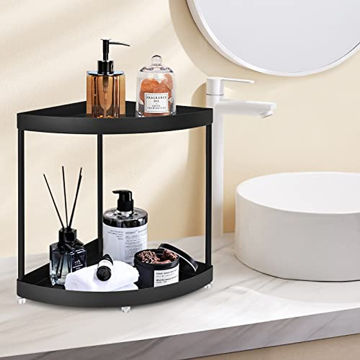 2 Tier Bathroom Countertop Organizer, Corner Storage Shelf Counter Standing Rack Cosmetic Vanity Tray Kitchen Spice Rack, Black