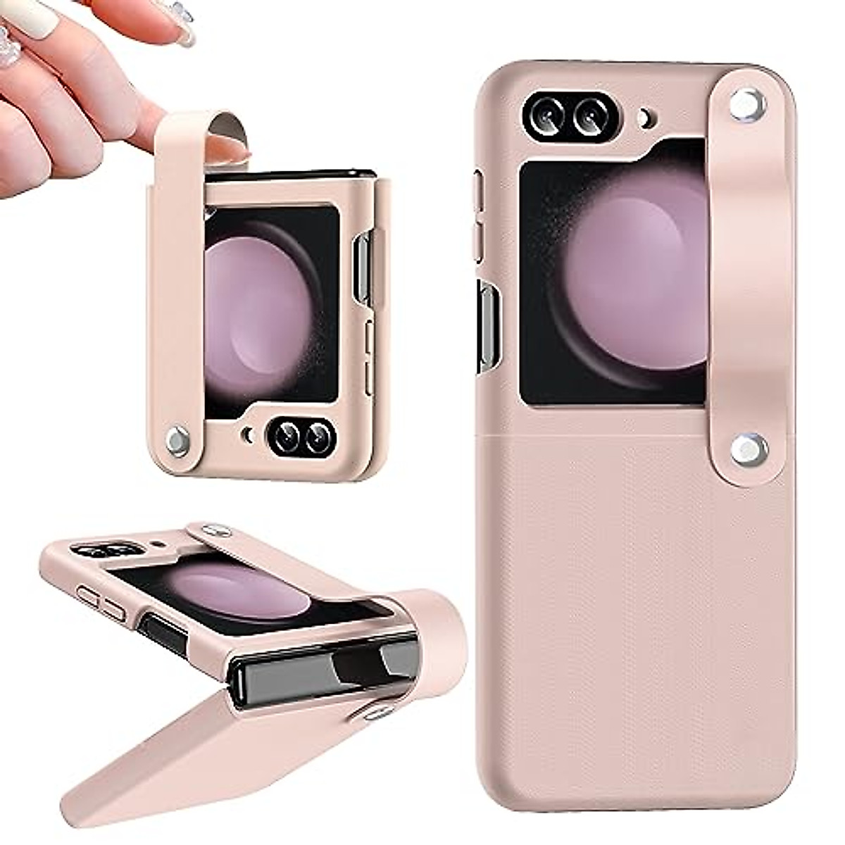 for Samsung Z Flip 5 Case with Wrist Strap, Anti-Drop Z Flip 5 Leather Case with Strap, Ultra-Thin PU Skin-Feel Flip 5 Case Anti-Scratch Shockproof Case for Samsung Galaxy Z Flip 5 5G 2023 (Pink)