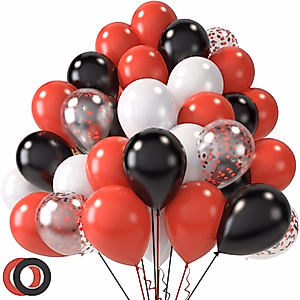 LovesTown 60PCS Black Red Balloons, 12 Inches Metallic Confetti Latex Balloons Arch Kit with Ribbon for Birthday Wedding Baby Shower Graduation Theme Party Decorations