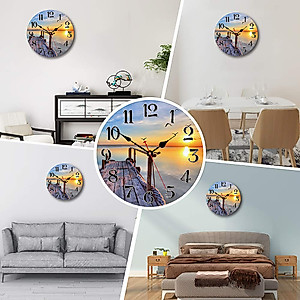 VIKMARI 14 Inch Silent Non-Ticking Wooden Round Wall Clock Big Arabic Numerals Wall Clocks Sunset by The Sea Beach Pattern Clock Battery Operated Home Decor Hanging Clocks