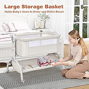 BABY JOY Baby Bassinet, 3-in-1 Rocking Bassinet w/Storage Basket, Double-Lock Design, 7 Adjustable Heights, Soft Mattress & Portable Travel Bag, Bassinet Bedside Sleeper for Newborns Infants (Beige)