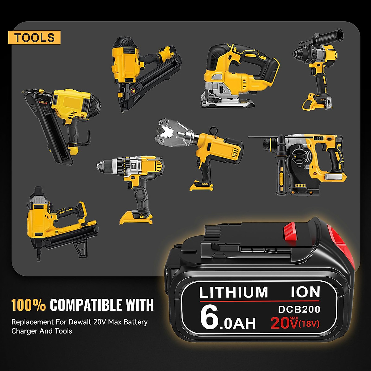 DASNITE 6.0Ah 20V Max Replacement for Dewalt 20V Max Battery Lithium Ion Compatible with Dewalt Batteries DCB200 DCB204 DCB206 DCB201 DCB203 DCD/DCF/DCG Series Cordless Power Tools(2-Pack)