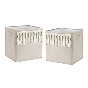 Sweet Jojo Designs Boho Bohemian Foldable Fabric Storage Cube Bins Boxes Organizer Toys Kid Baby Children - Set of 2 - Solid Taupe Beige Ivory Cream Off White Linen Farmhouse Shabby Chic Modern Tassel