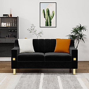 HenleneCoco 2 PCS Black Velvet Sofa Sets with 5 Pillows for Living Room Furniture, Modern Mid Century Tufted Classic Couches Set (1 PC Loveseat & 1 PC 3 Seater Couch)