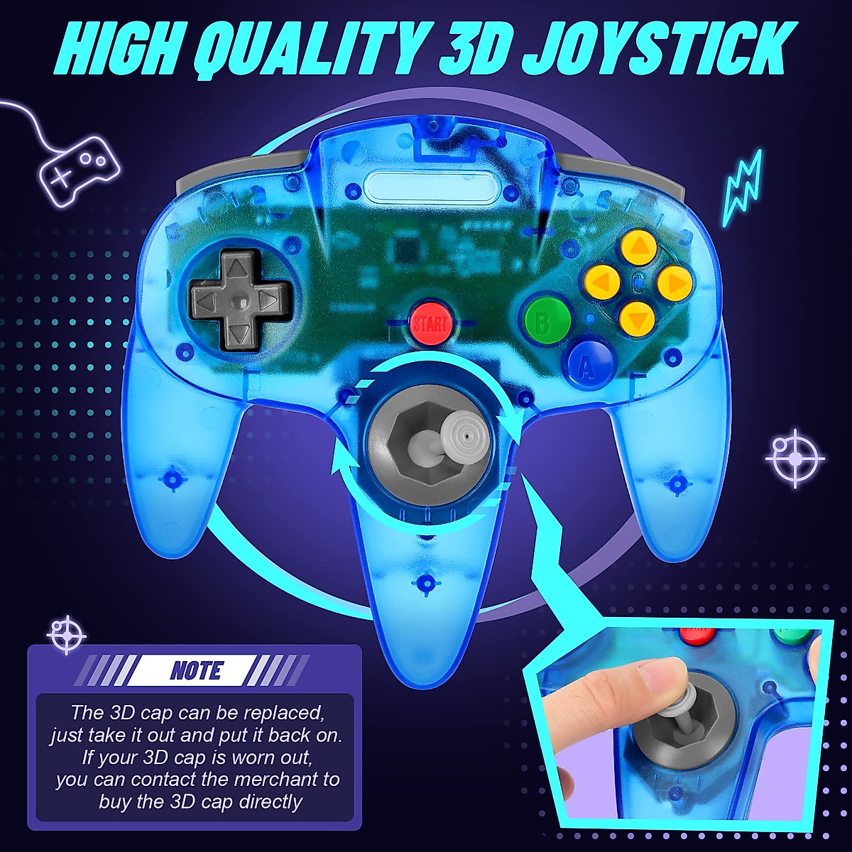 N64 Controller, FISUPER Wired Classic Game Controller Gamepad Joystick for N64 Console (Clear Blue)