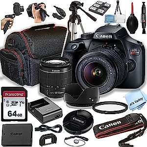 Canon EOS Rebel T100 (EOS 4000D) DSLR Camera w/EF-S 18-55mm F/3.5-5.6 Zoom Lens + 64GB Memory Card, Case, Hood, Tripod, Grip-Pod, Filter, Professional Photo Bundle(24pc) (Renewed)