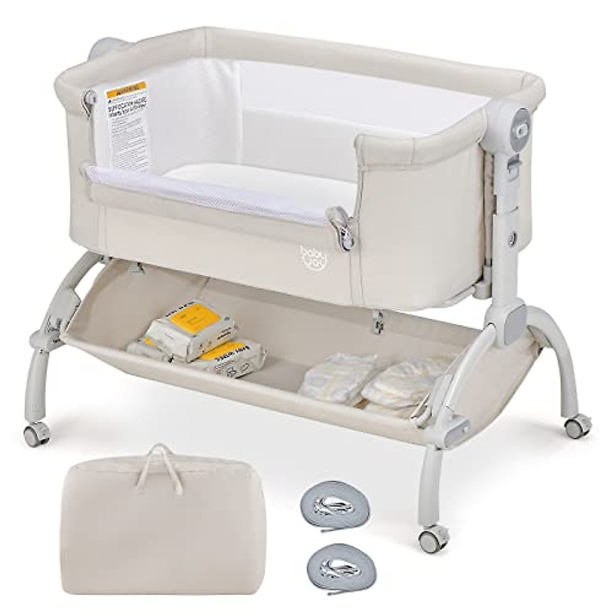 BABY JOY Baby Bassinet, 3-in-1 Rocking Bassinet w/Storage Basket, Double-Lock Design, 7 Adjustable Heights, Soft Mattress & Portable Travel Bag, Bassinet Bedside Sleeper for Newborns Infants (Beige)