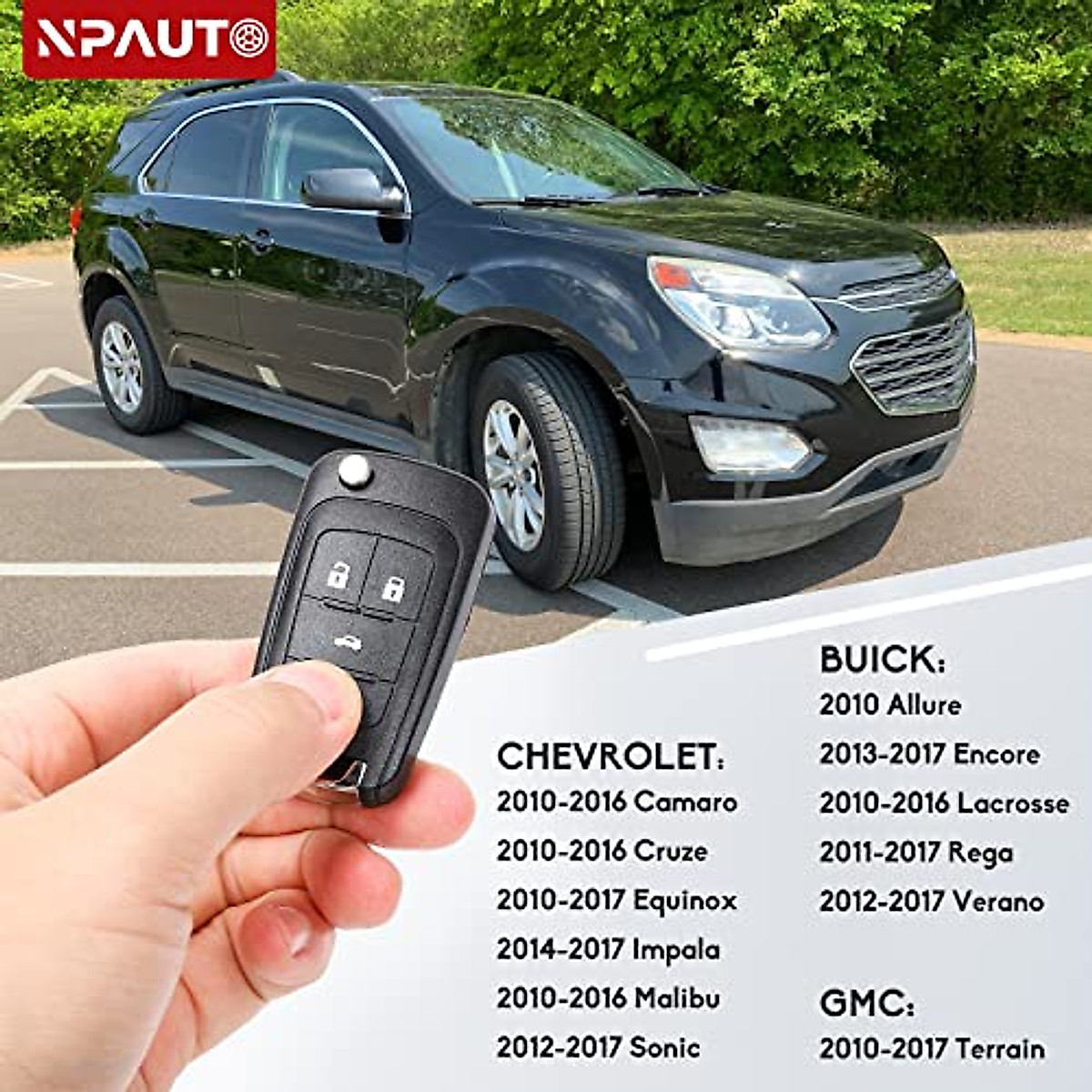 NPAUTO Key Fob Replacement for Chevy Camaro Impala Cruze Equinox Malibu Sonic 2010-2017 | GMC Terrain | Buick Lacrosse Regal Verano Encore Keyless Entry Remote Flip Key Fobs (OHT01060512, 4 Buttons)