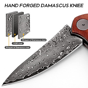 Benkey Damascus Folding Knife with Clip Leather Sheath Camping Knife EDC, Sharp Damascus Pocket Knife Handmade with Liner Lock and Wood Handle for Outdoor Survival Hunting Collection