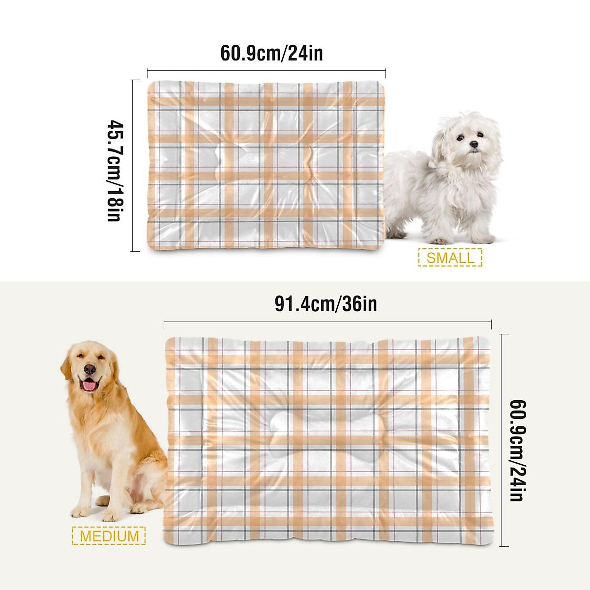Coikll Modern Minimalist Orange White Square Grid Pet Bed Pad Soft Dog Bed Mat with Anti-Slip Bottom, Machine Washable Crate Pad Mattress for Dog Sleeping- 24 * 18inches