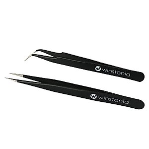 Winstonia 2 Pcs Tweezer Set - Stainless Steel Pointy Professional Beauty Tools - Manicure, Jewelry, Blackhead, Ingrown Hair, Splinter Removal Tweezers
