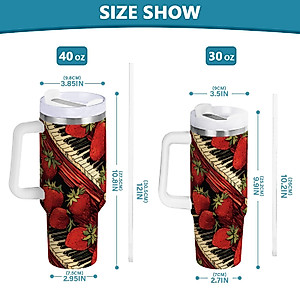 ALAZA Vintage Strawberries Piano Keys Music 40 oz Tumbler Water Bottle with Straw Lid and Handle,Reusable Insulated Stainless Steel Cup for Women Men Travel Car Cup Holder
