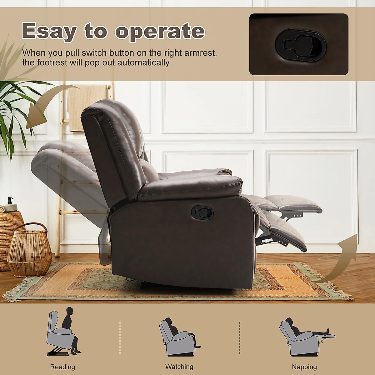 RISAR Oversized Rocker Recliner Chair, Ergonomic Nursery Manual Rocking Armchair Upholstered Thick backrest & Removable armrest Single Sofa Chair for Living Room (Dark Grey)