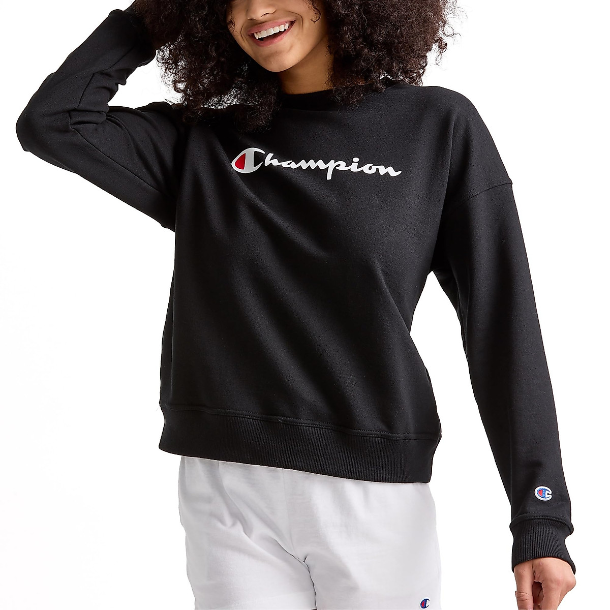 Champion Women's Sweatshirt, Powerblend, Crewneck, Sweatshirt for Women, Script (Reg. or Plus)