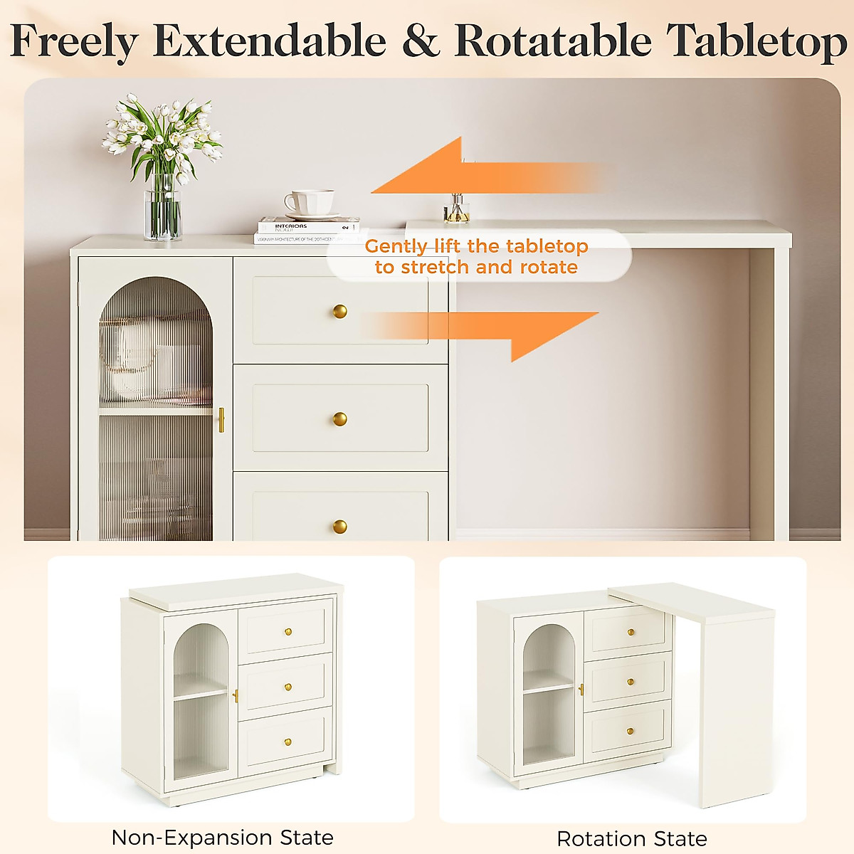 RoyalCraft Makeup Vanity Desk, Extendable Corner Vanity Makeup Table with 3 Drawers & 1 Door, Modern Dressing Table for Bedroom, Cream White Makeup Vanity Without Mirror