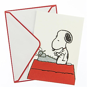 Graphique Peanuts Typewriter Boxed Notecards, 16 Snoopy at Typewriter Cards Embellished with Glitter, with Matching Envelopes and Storage Box, 3.25" x 4.75"