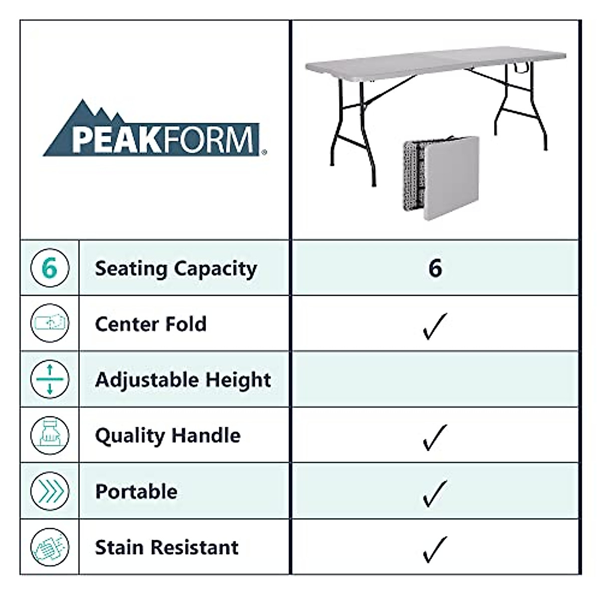 Peakform Centerfold 6-Foot Folding Table, Gray