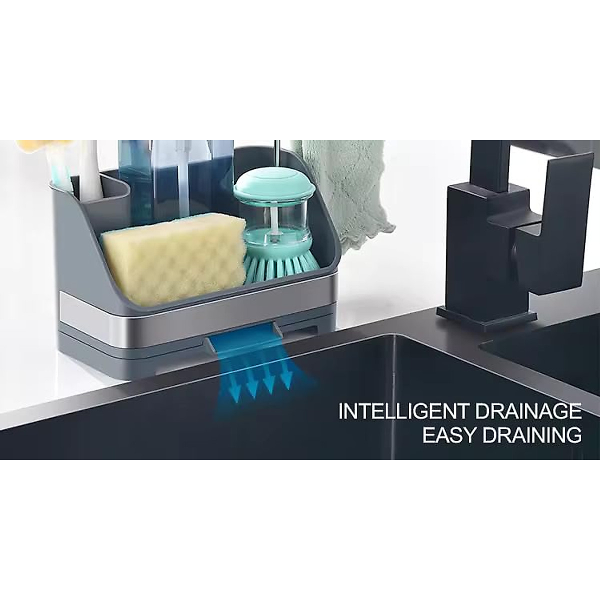 89 Oaks Sponge Holder for Kitchen Sink, Kitchen Sink Caddy with Soap Dispenser and High Brush Holder, Kitchen Sink Organizer Countertop, Rust Proof, Kitchen Organizers and Storage Essentials