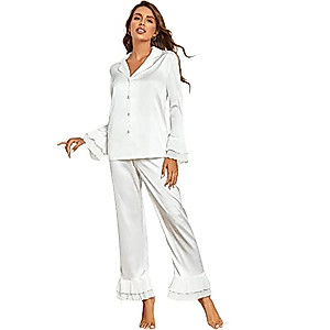 Verdusa Women's Satin Notch Collar Blouse and Ruffle Hem Pants PJ Set White S